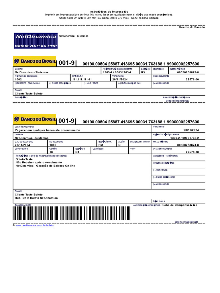 Boleto Banco Do Brasil em ASP Ou PHP | PDF | Impressão | Dinheiro