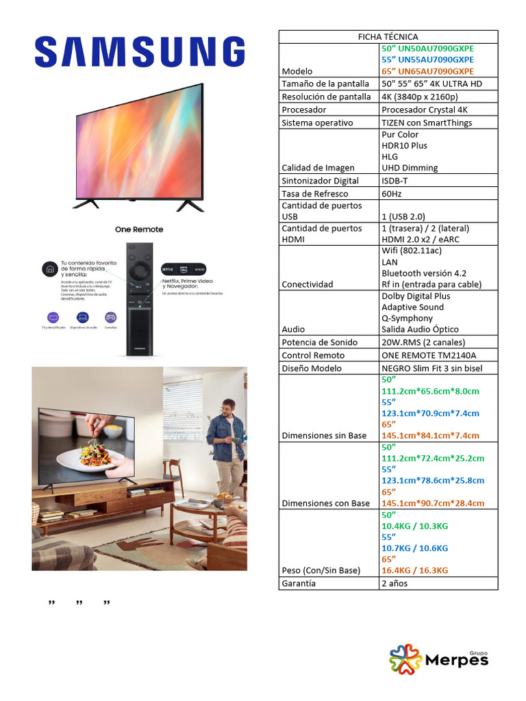 Ficha técnica TV Samsung AU7090 4K | PDF | Hdmi | Tecnología de ...