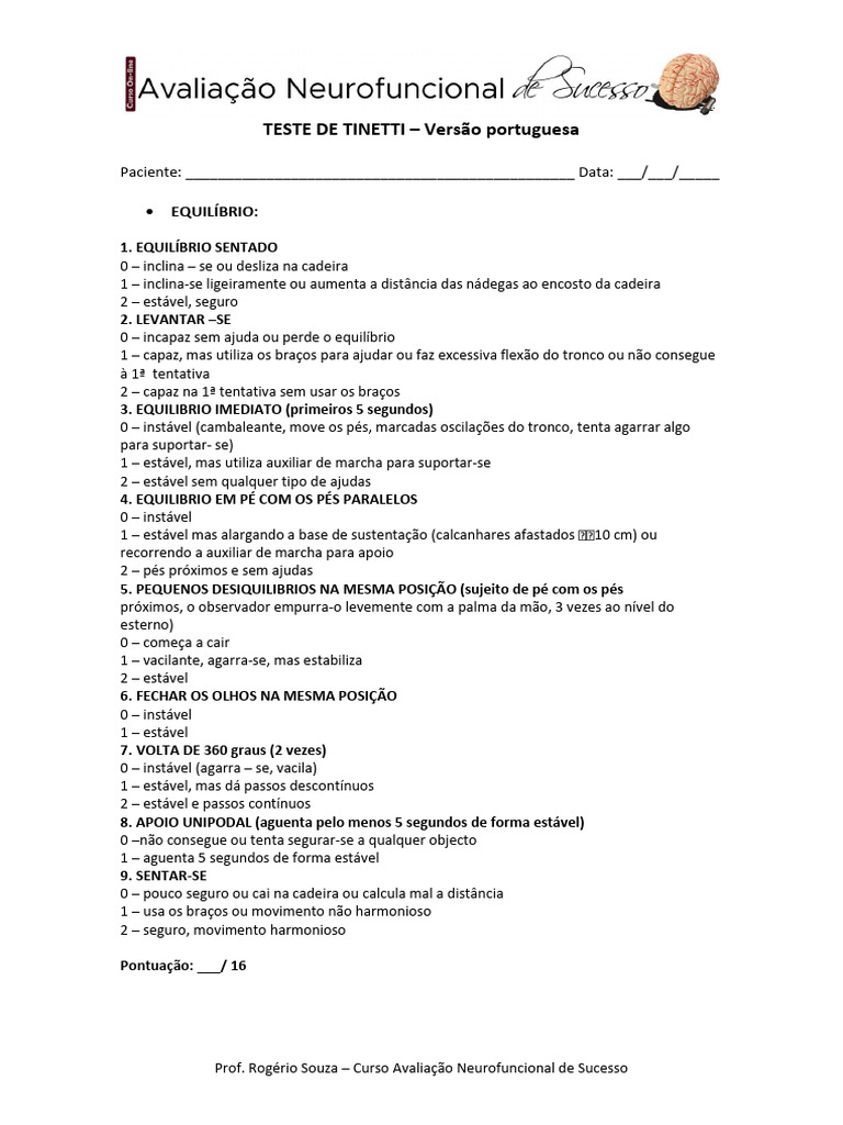 Teste de Tinetti: Avaliação de Equilíbrio e Marcha | PDF