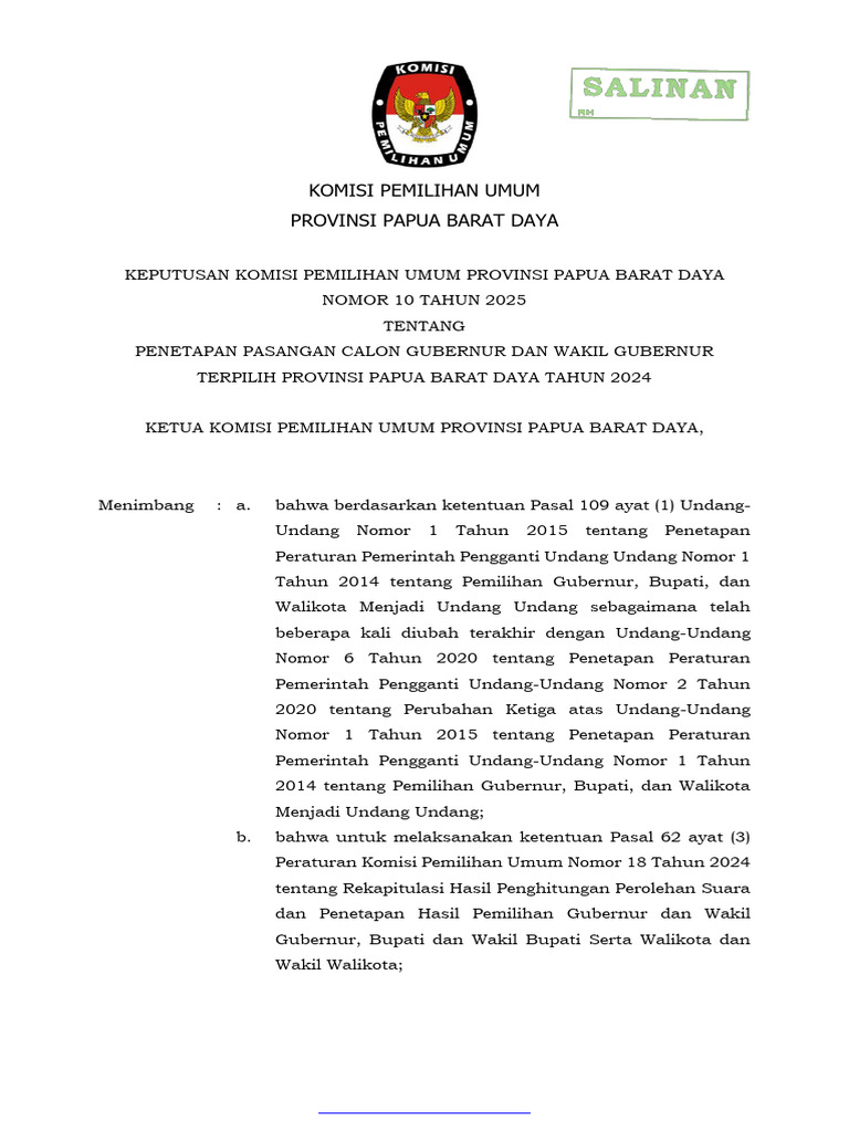 Kep Kpu Prov. Papua Barat Daya Nomor 10 THN 2025 TTG Penetapan Paslon Gub - Wagub Terpilih ...