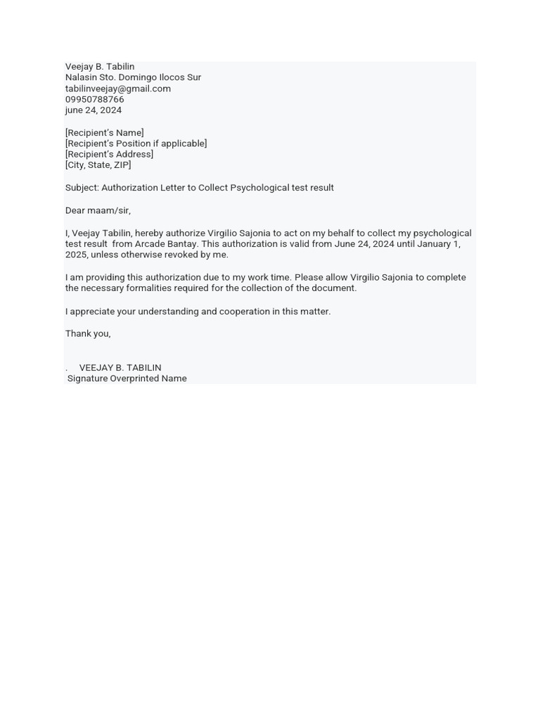 Authorization Letter for Test Result Collection | PDF