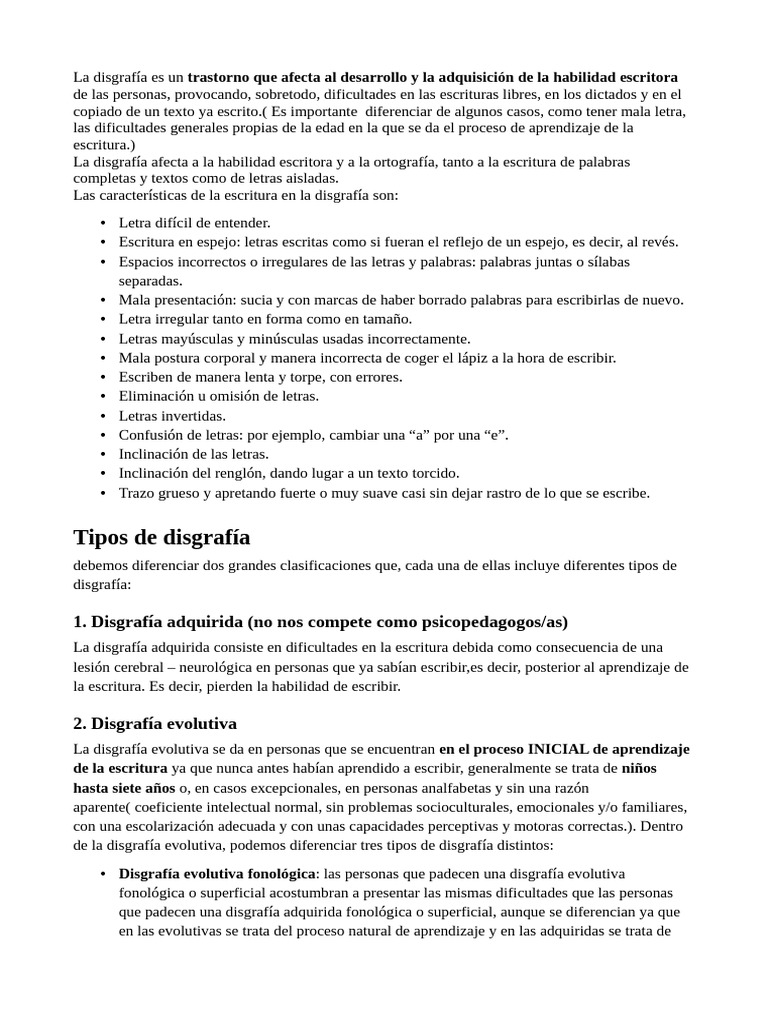 Disgrafía: Tipos, Características y Tratamientos | PDF | Aprendizaje ...