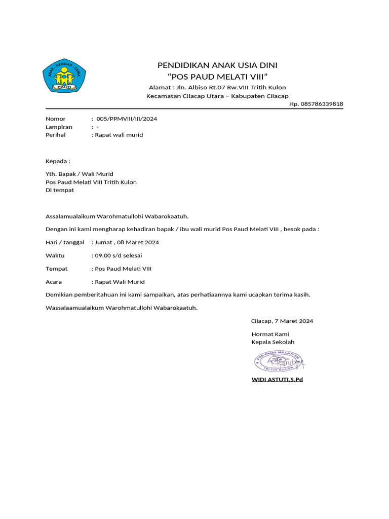 Undangan Rapat Wali Murid | PDF