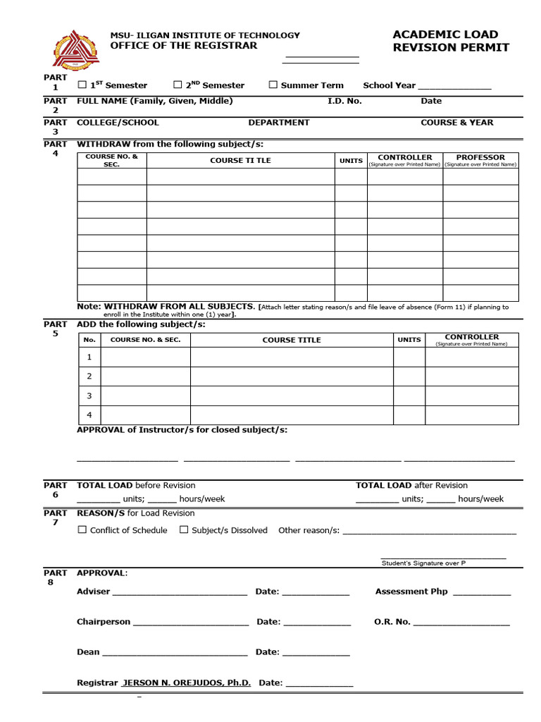 Form 8, Academic Load Revision Permit | PDF