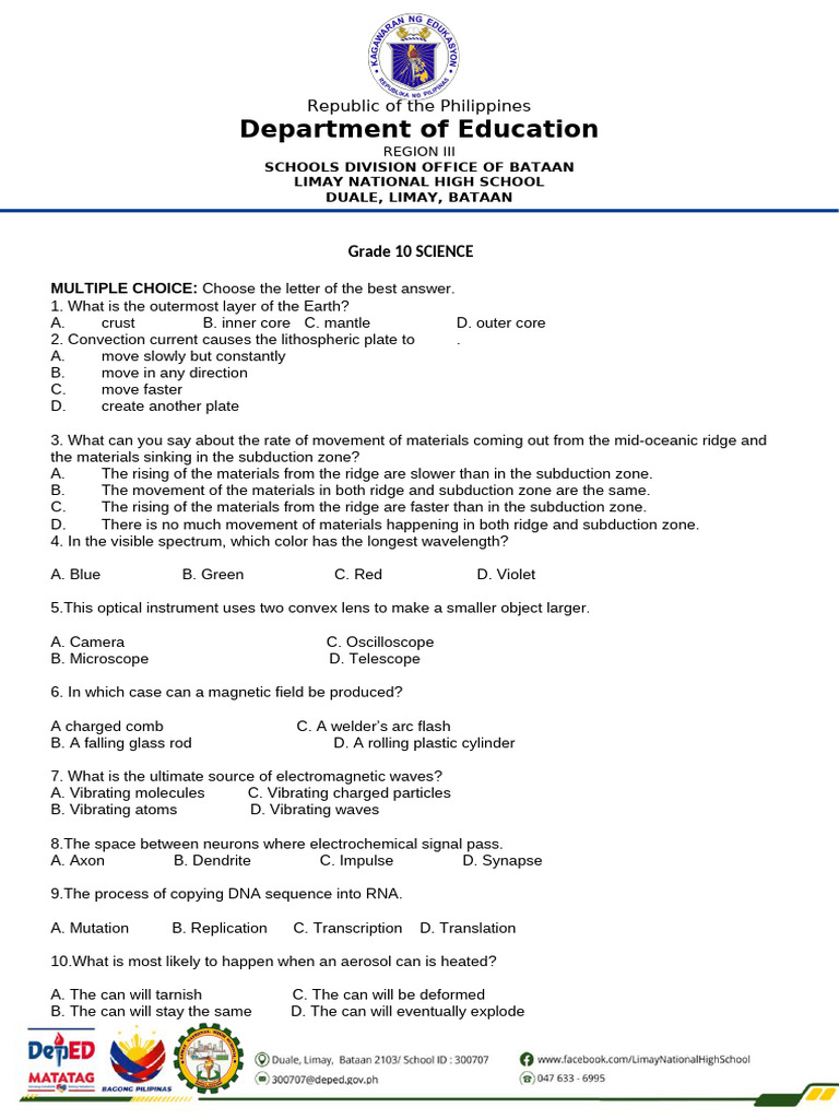 Grade 10 Science Quiz Questions | PDF | Waves | Plate Tectonics