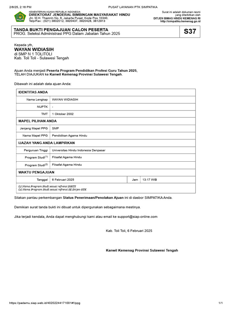 Tanda Bukti Pengajuan PPG | PDF