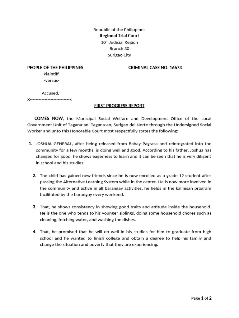 Court Progress Report: Joshua General | PDF