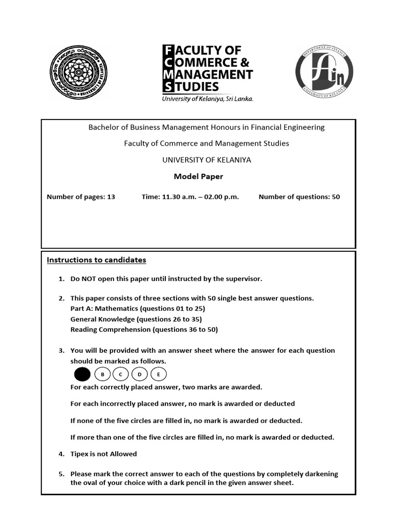 Kelaniya University Financial Engineering Aptitude Test | PDF | Fee ...