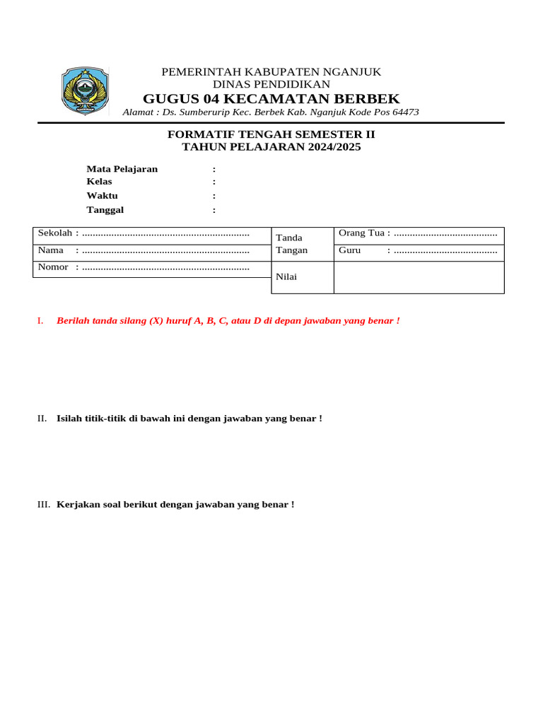 KOP SOAL ASESMEN SUMATIF TENGAH SEMESTER II TAHUN PELAJARAN 2024-2025 | PDF