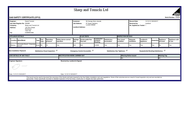 Gas Safety Certificate for Boiler | PDF