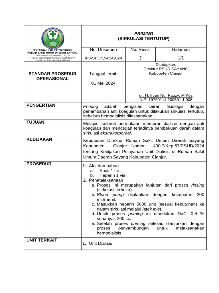 Prosedur Priming Dialisis RSUD | PDF