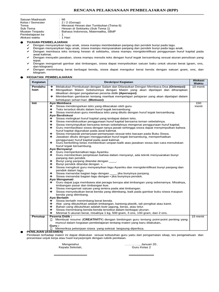 RPP 1 Lembar Kelas 2 Tema 6 Smes 2 | PDF