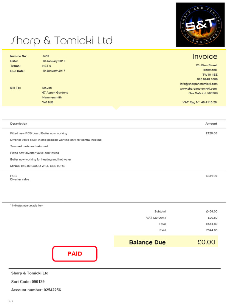 Invoice #1459 Boiler 2017 | PDF | Invoice | Home Appliance