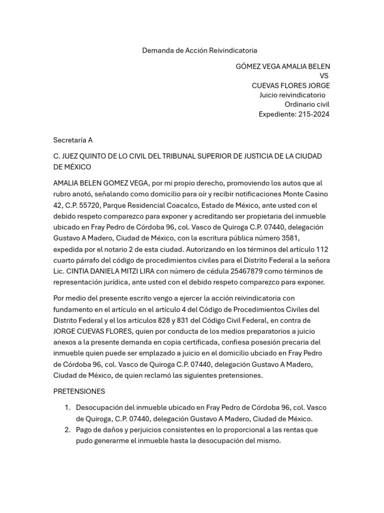 Demanda de Accion Reivindicatoria | PDF | Demanda judicial | Justicia