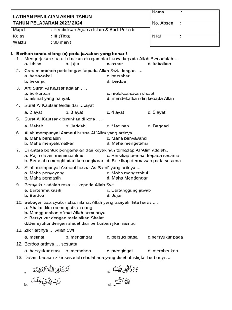 Latihan PAT PAI Kelas 3 K13 | PDF