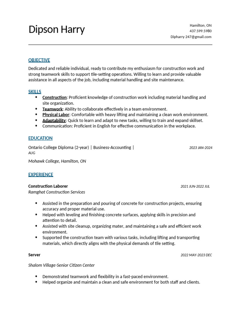 Construction Laborer Resume for Tile Setting | PDF