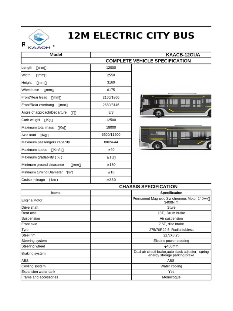 12M Electric City Bus Specifications | PDF | Brake | Axle