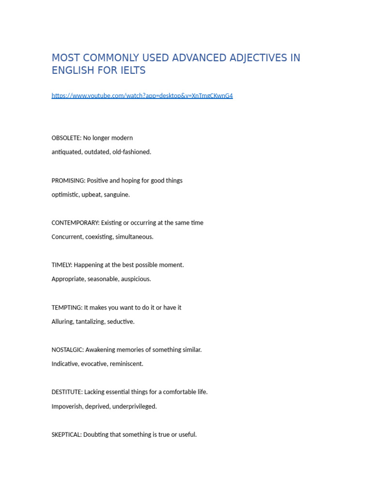 Advanced Adjectives for IELTS Prep | PDF