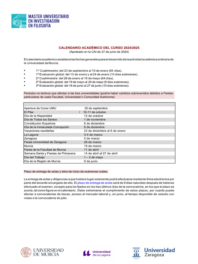 Calendario Académico UMU 2024/2025 | PDF | Calendario
