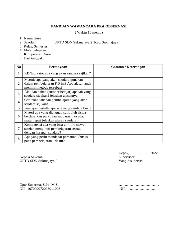 Panduan Wawancara Pra Observasi Pembelajaran | PDF