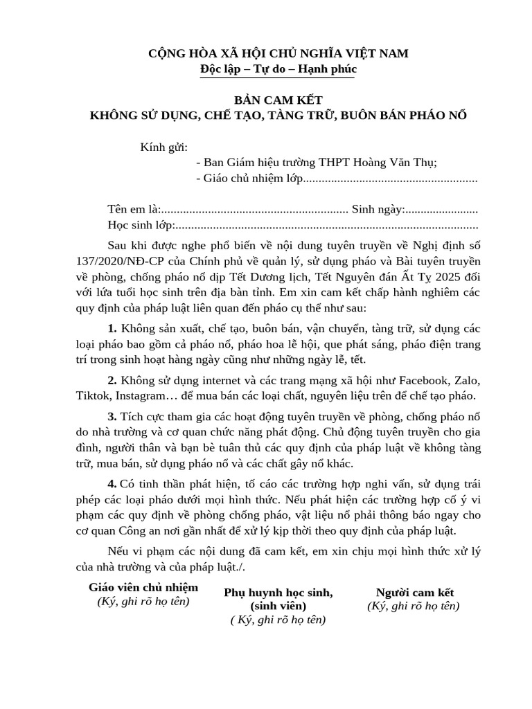 Bản Cam Kết Pháo Học Sinh | PDF