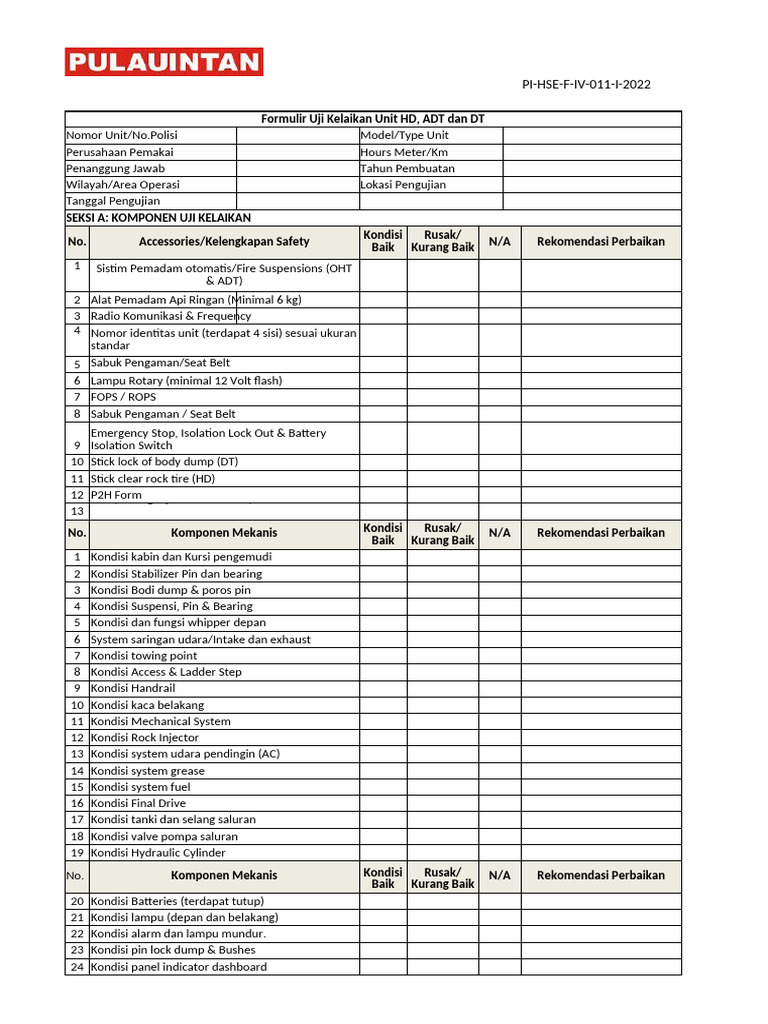 Formulir Uji Kelaikan DT, HD, ADT | PDF