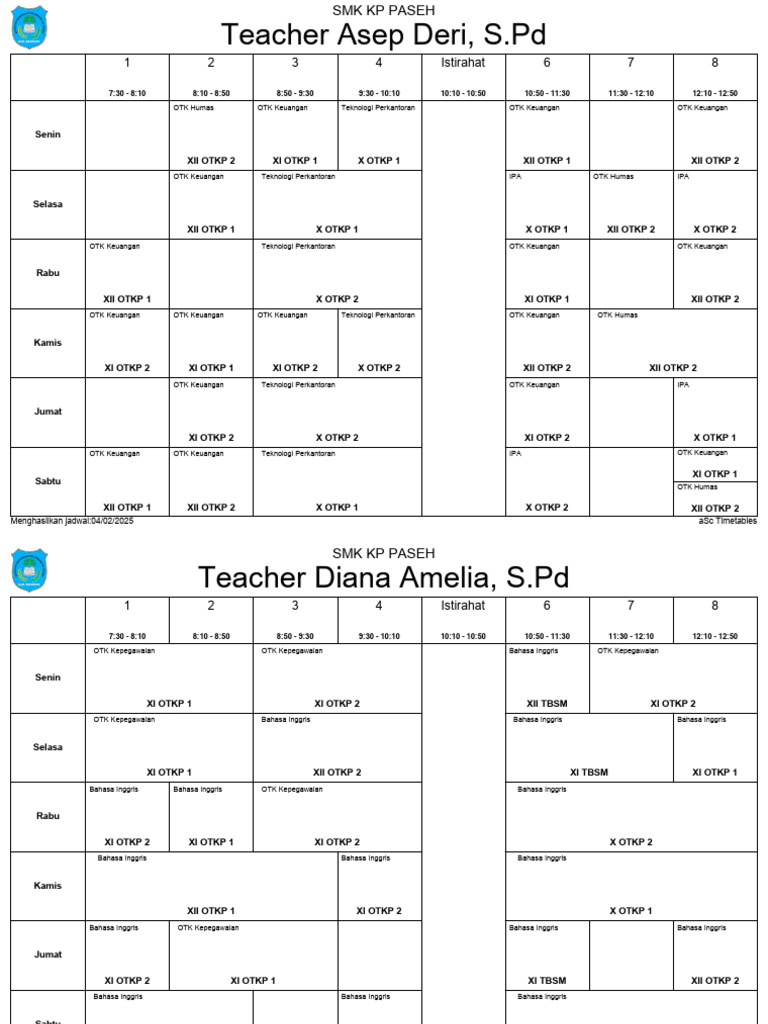 Jadwal Pelajaran Baru Per Guru | PDF