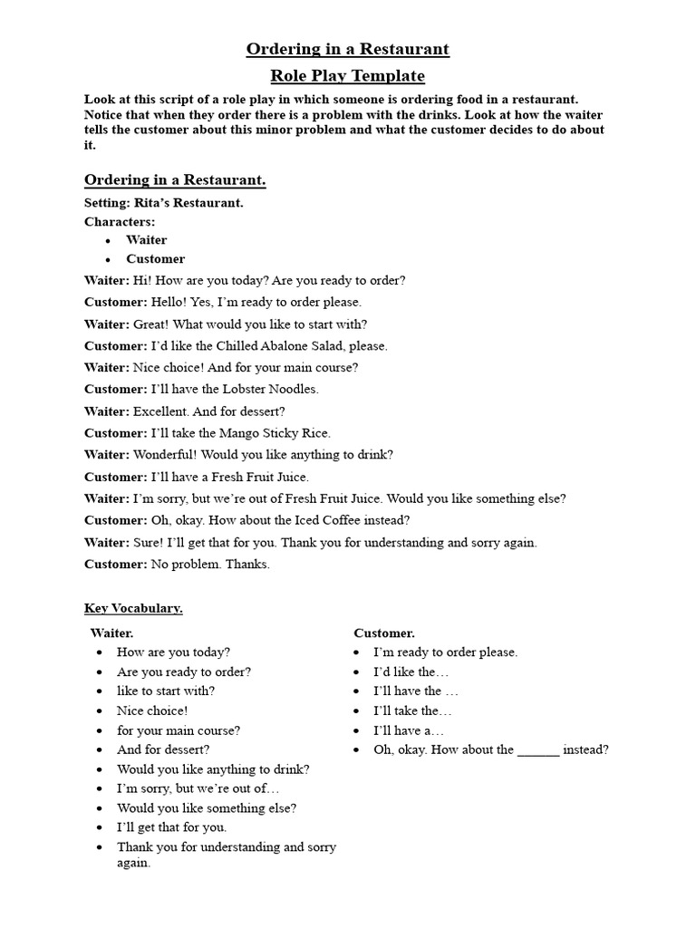 Restaurant Ordering Role Play Script | PDF | Waiting Staff | Cooking