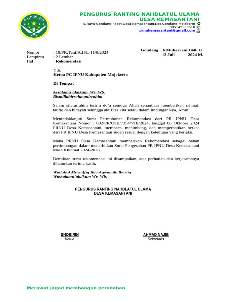 Permohonan Rekomandasi Yang Ditujukan Ke Ranitng NU | PDF