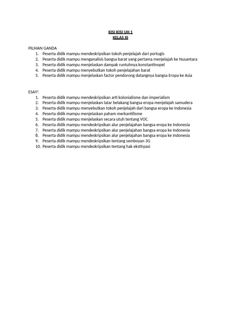 Kisi-Kisi Sejarah Kelas X & XI | PDF