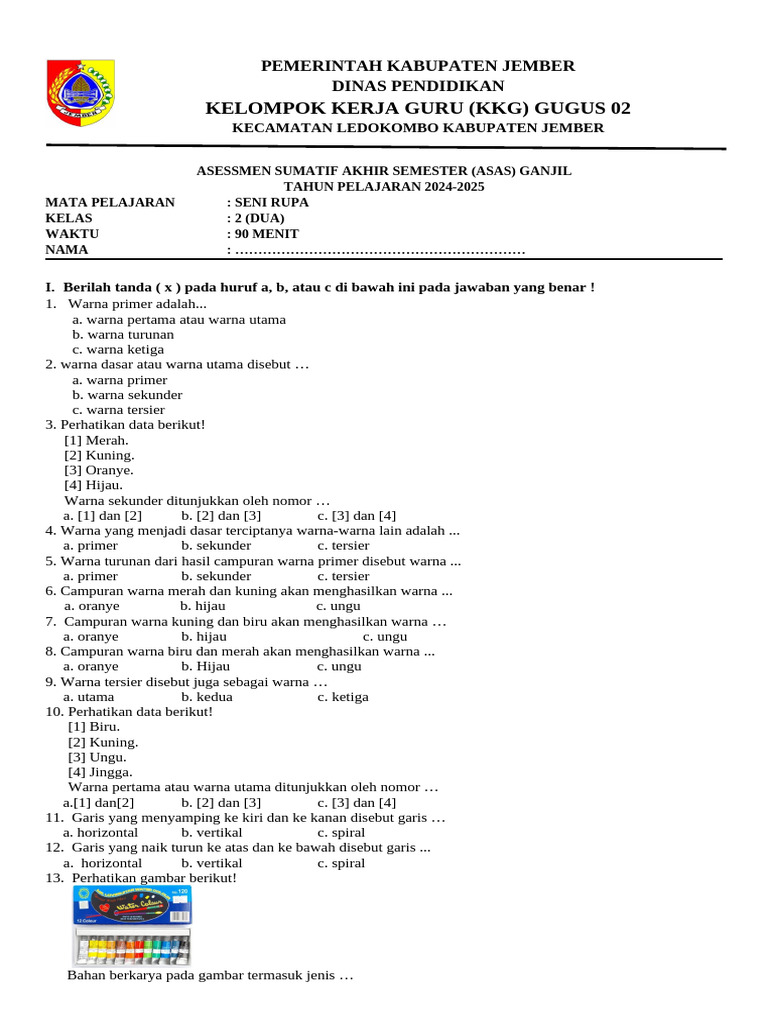 Soal ASAS Seni Rupa Kelas 2 SMT 1 | PDF