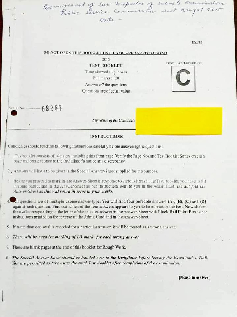 WBPSC School Sub Inspector Question Paper 2015 | PDF