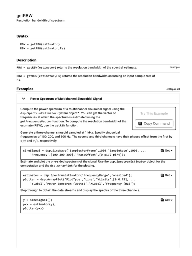 Resolution Bandwidth of Spectrum - MATLAB getRBW | PDF