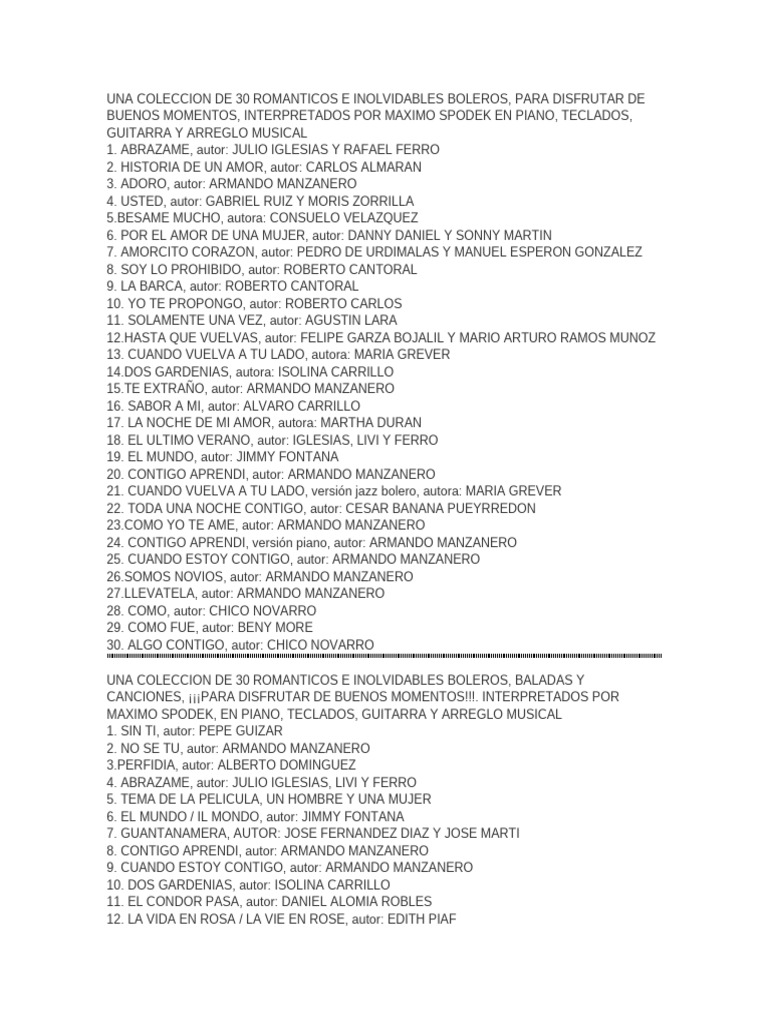 Una Coleccion de 30 Romanticos e Inolvidables Boleros | PDF