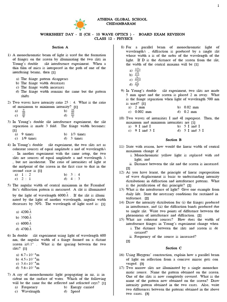 Worksheet - Day Two, CH-10 (Board Exam Revision) | PDF | Diffraction | Wavelength
