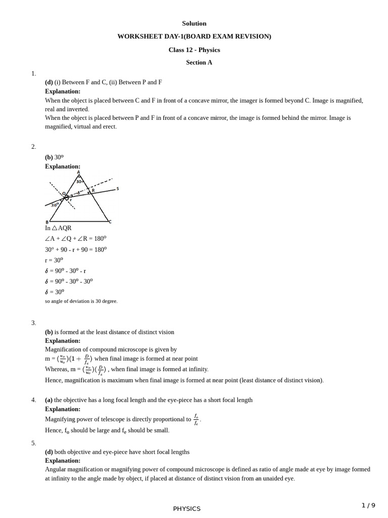 Worksheet Solution Day One | PDF | Optics | Mirror