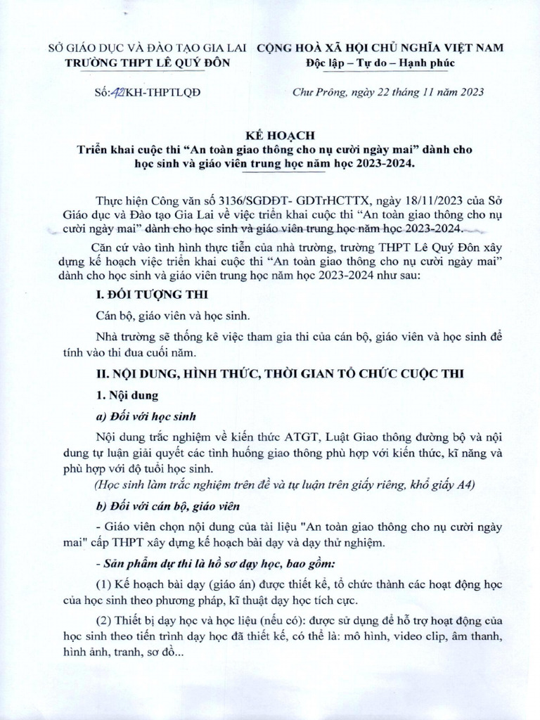 KH Triển Khai Cuộc Thi ATGT Cho Nụ Cười Ngày Mai - 0001 | PDF