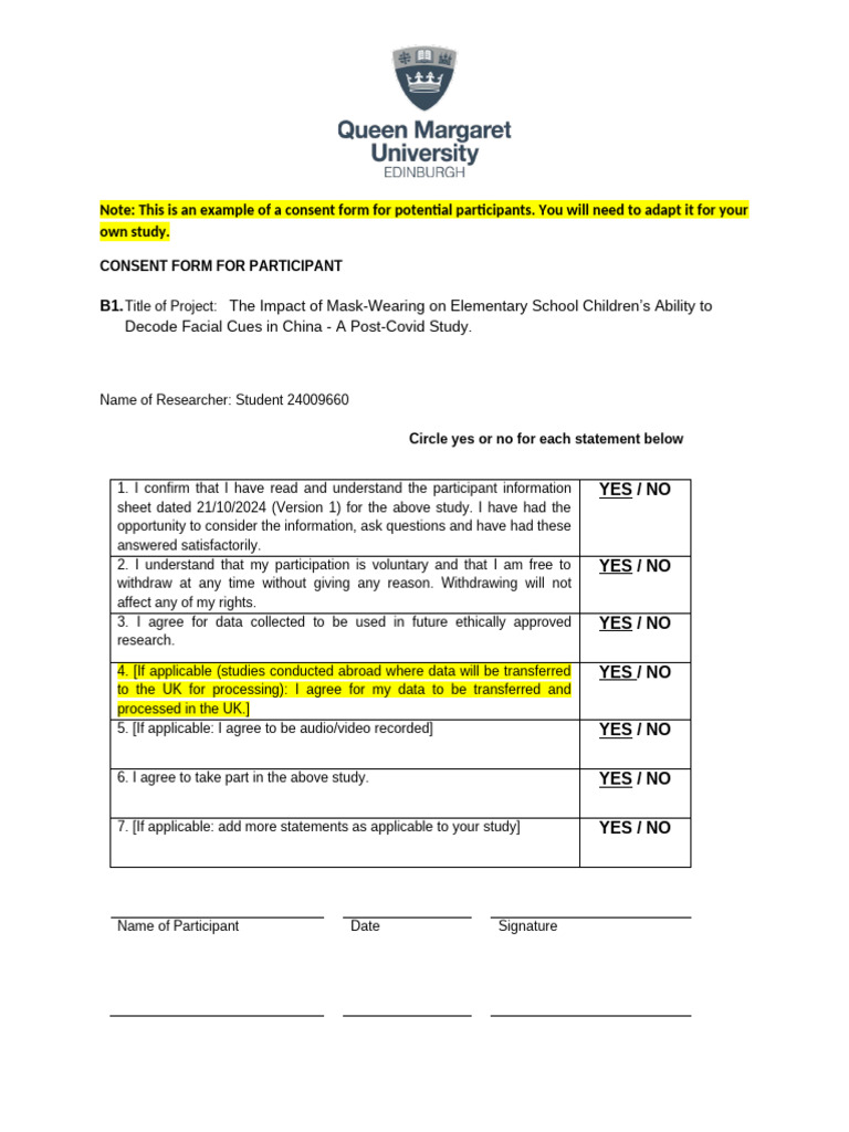 Consent Form for Mask-Wearing Study | PDF