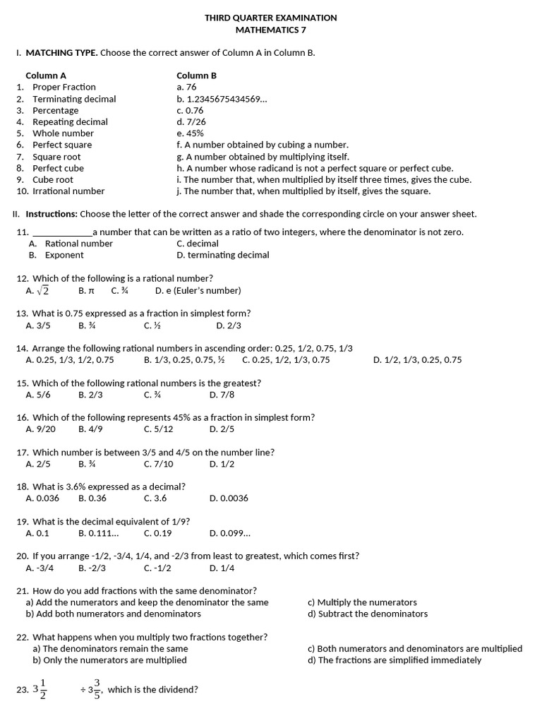 Math 7 Third Quarter Exam Guide | PDF | Numbers | Rational Number