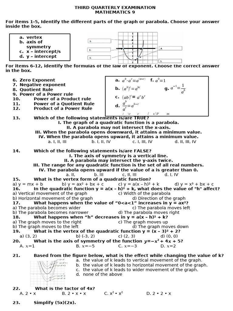 Mathematics 9 Quarterly Exam Guide | PDF | Algebra | Mathematical Concepts