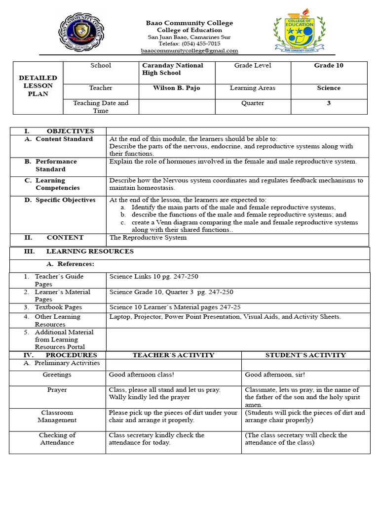 Reproductive System Lesson Plan for Grade 10 | PDF | Reproductive ...