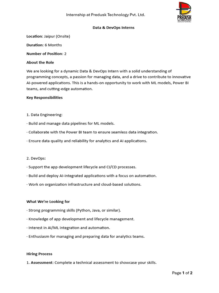 JD for Interns (Data & DevOps Interns) | PDF