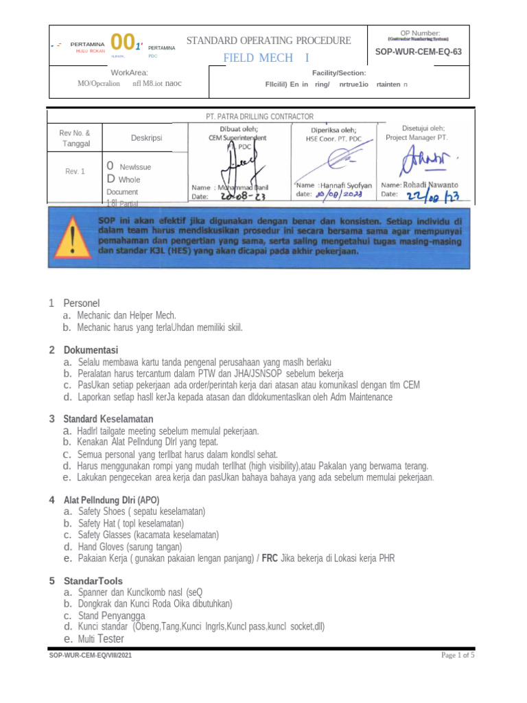 SOP Mekanik (1) | PDF