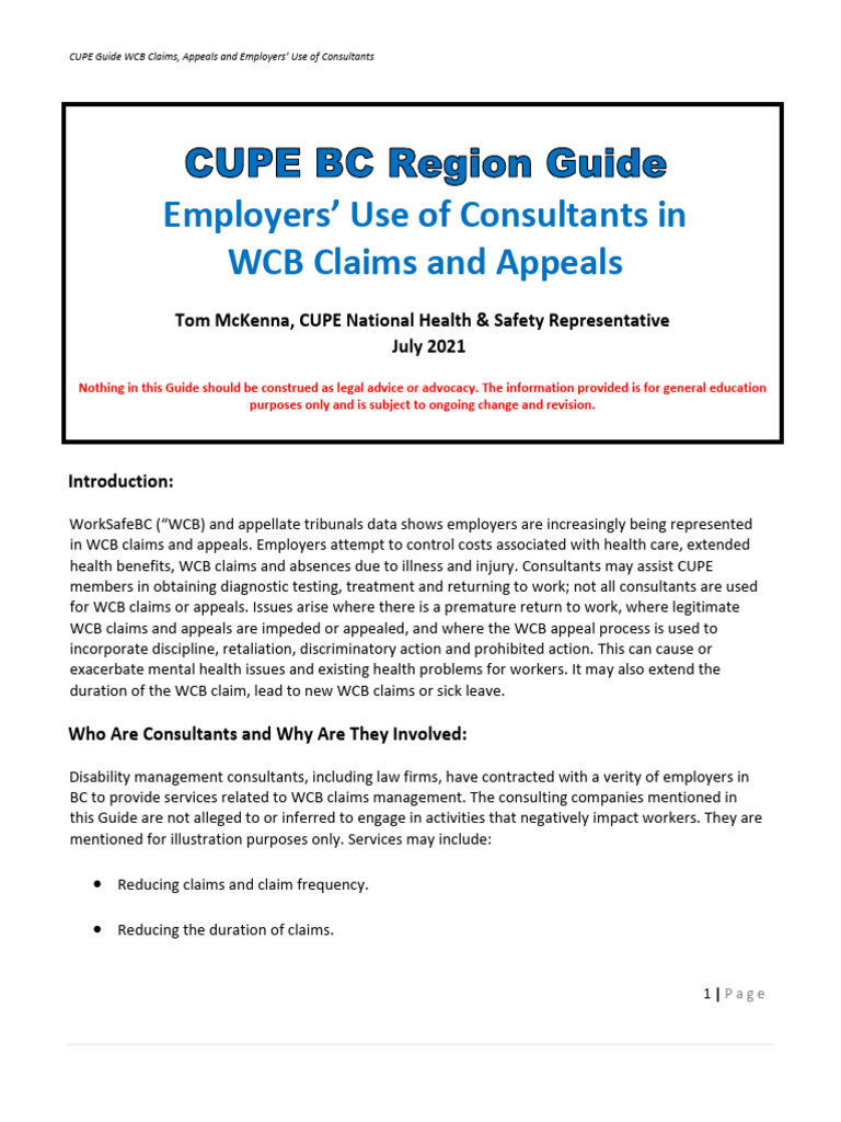 CUPE Guide WorkSafeBC Claims Appeals Employers Use Consultants 2021 07 ...