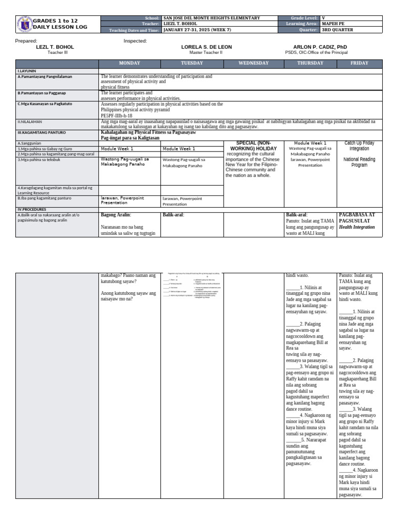 DLL - Mapeh-Pe 5 - Q3 - W7 | PDF