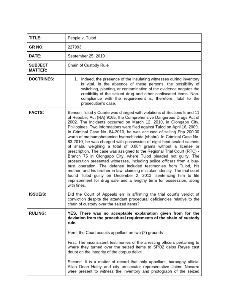 Chain of Custody in People v. Tulod | PDF | Witness | Prosecutor