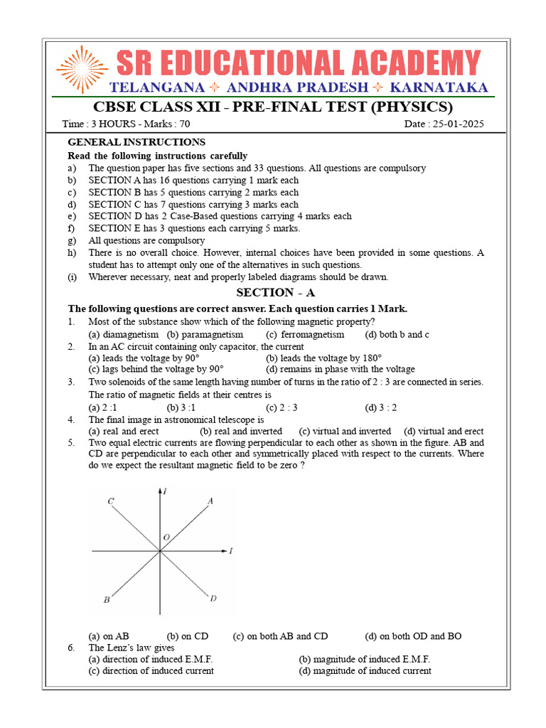 Cbse-Xii Class Pre-Final Physics Paper-2025 | PDF | P–N Junction ...