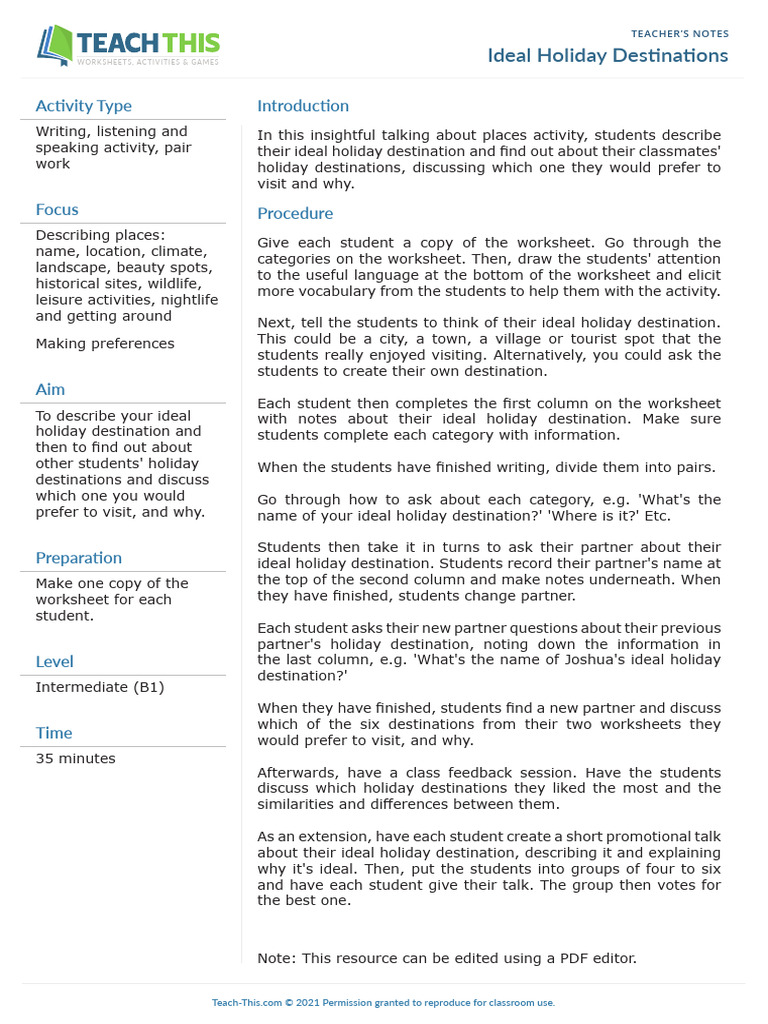 Ideal Holiday Destination Activity Guide | PDF
