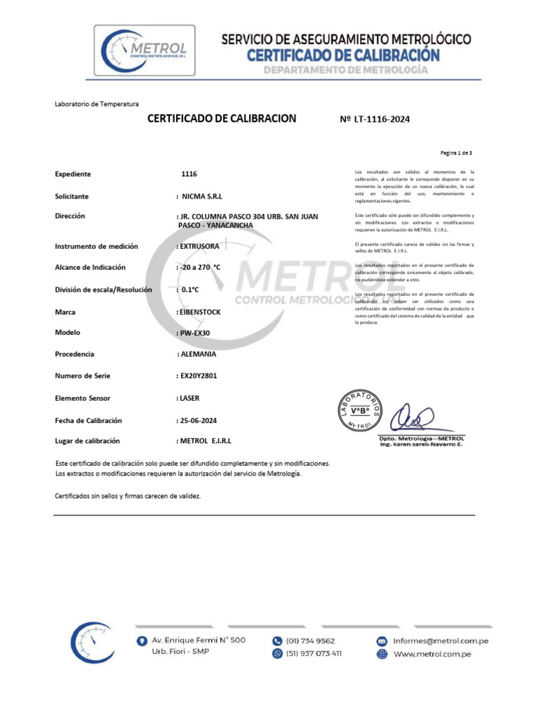 Certificado de Calibracion de Equipo Extrusora | PDF | Calibración ...