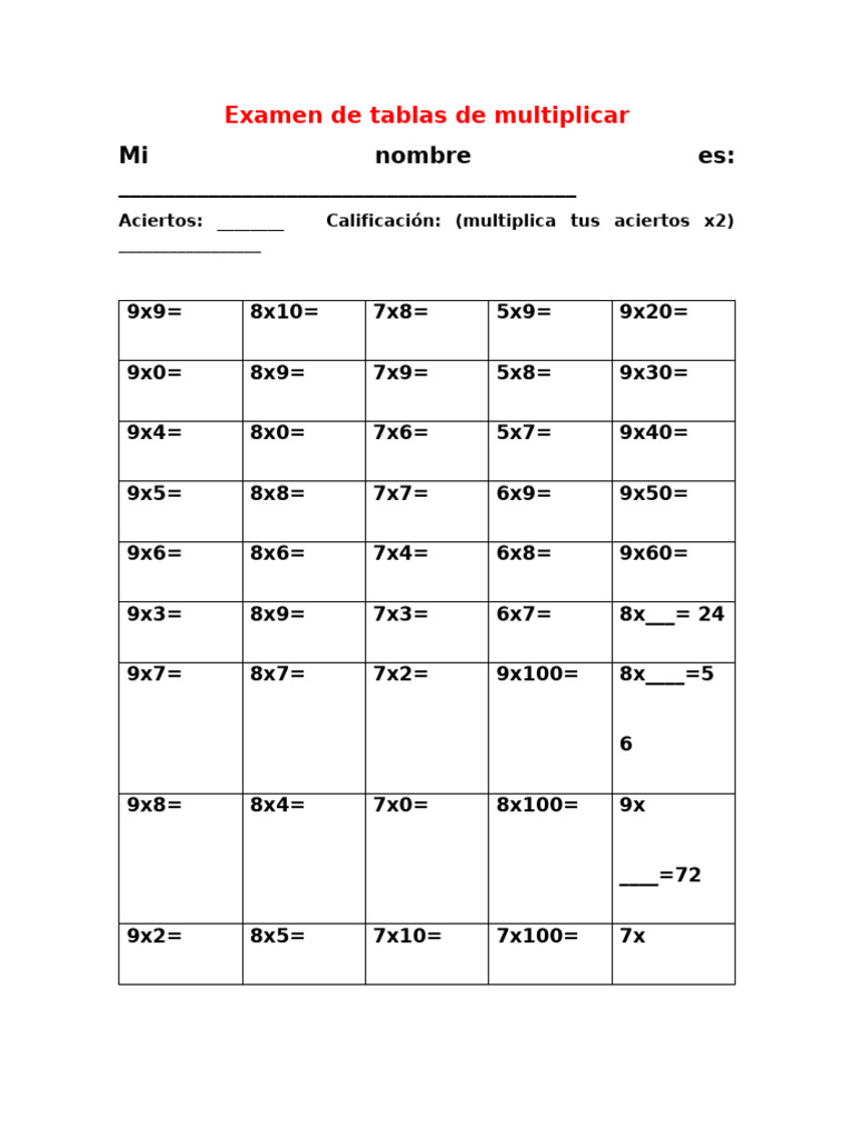 Examen de Tablas de Multiplicar | PDF